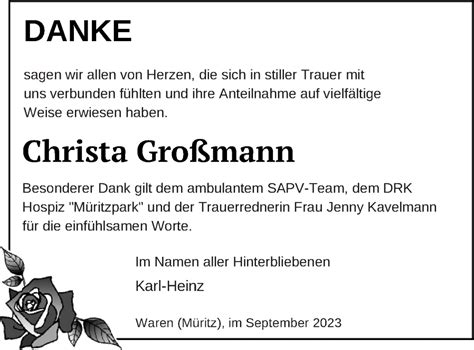 Traueranzeigen von Christa Großmann Trauer Nordkurier