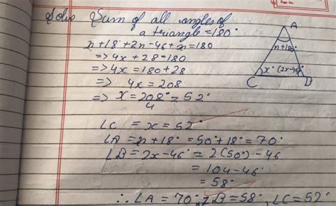solve sum of all angles of a triangle 180∘ 2 n 18 2n−46 2n 180⇒4x 28−18