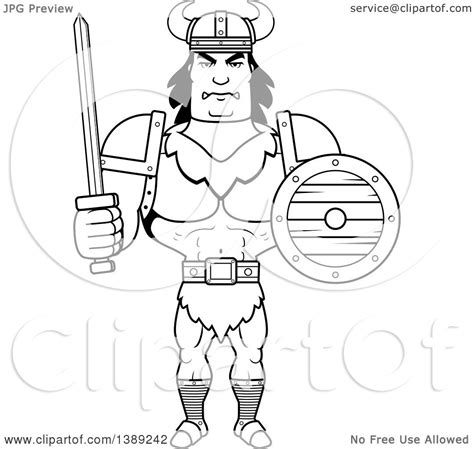 Clipart Of A Black And White Lineart Buff Barbarian Man Holding A Sword