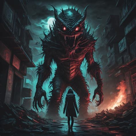 Premium Photo A Dark Illustration Of A Monster With A Person Standing