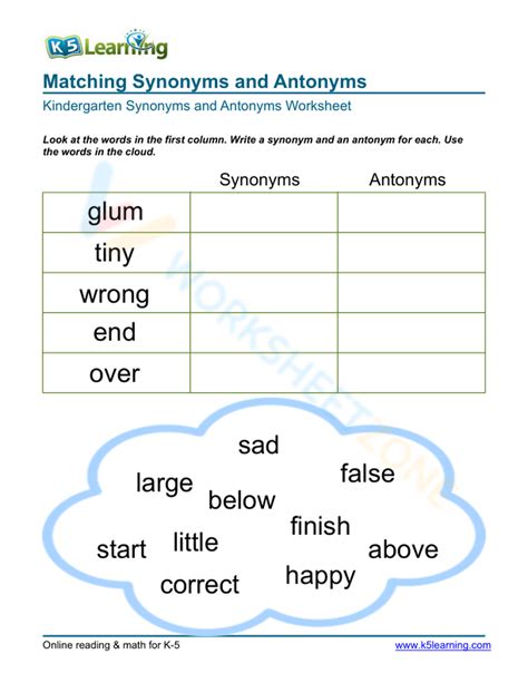 Matching Synonyms And Antonyms Worksheet