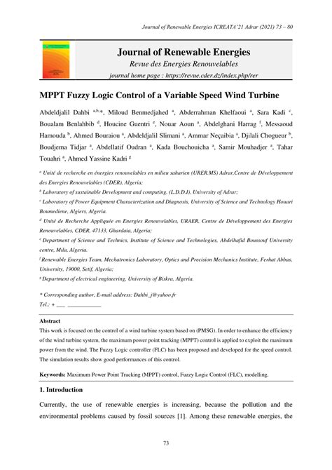 pdf mppt fuzzy logic control of a variable speed wind turbine