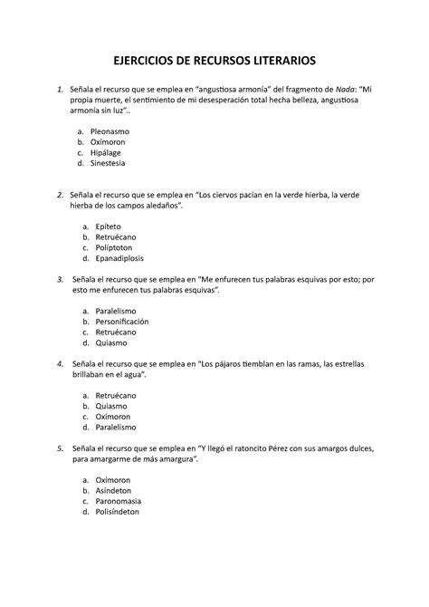 Ejercicios DE Recursos Literarios EJERCICIOS DE RECURSOS LITERARIOS