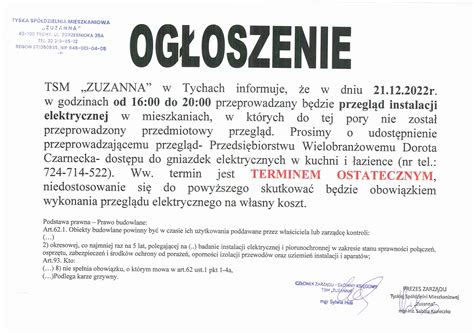 Ogłoszenie ostatni termin przeglądów elektrycznych TSM Zuzanna