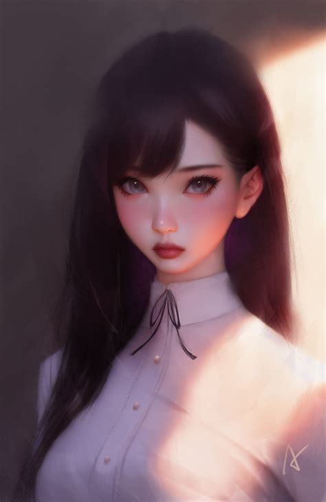 Artstation Portrait Of A Girl With Black Hair In A White Shirt