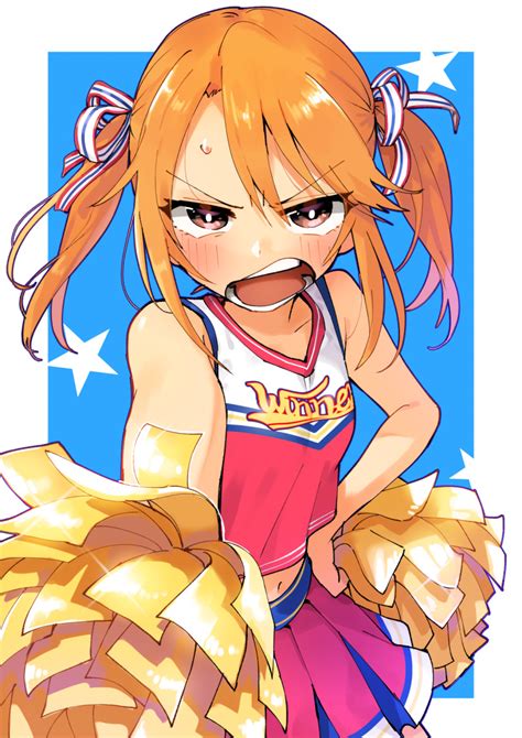 Safebooru 1girl Blue Background Blush Cheerleader Hair Ribbon Hand On Own Hip Highres
