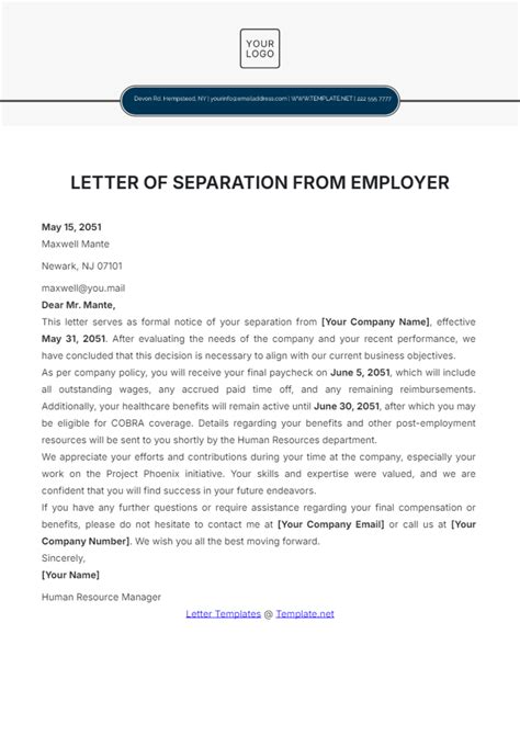 Free Letter Of Separation From Employer Template Edit Online