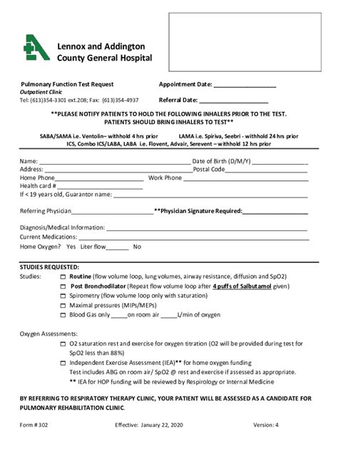 Fillable Online Web Lacgh Napanee On Pulmonary Function Test Request