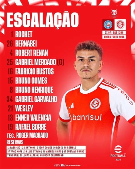 Confira as escalações oficiais de Bahia x Internacional pelo Campeonato