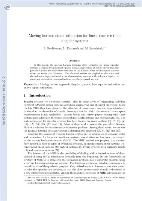 pdf moving horizon state estimation for linear discrete time singular systems