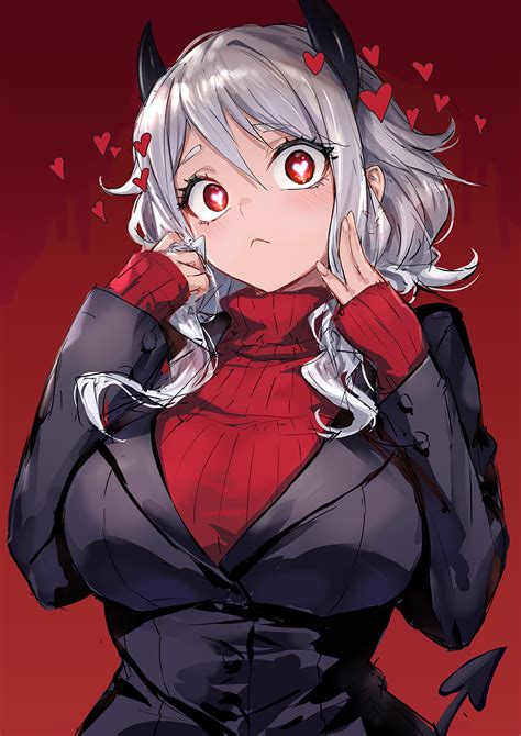 Safebooru 1girl Black Horns Black Suit Blush Breasts Demon Girl Demon Horns Demon Tail Guchico