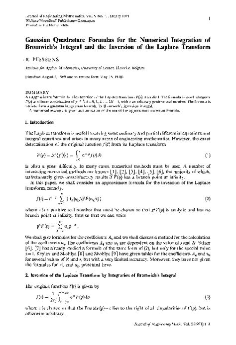 pdf gaussian quadrature formulas for the numerical inversion of the laplace transform robert