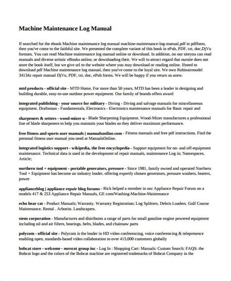Maintenance Log Template Word Excel Pdf Documents Free