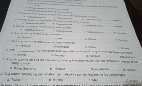 Panuto Bilugan Ang Titik Ng Tamang Sagot Sa Bawat Bilang Brainly Ph