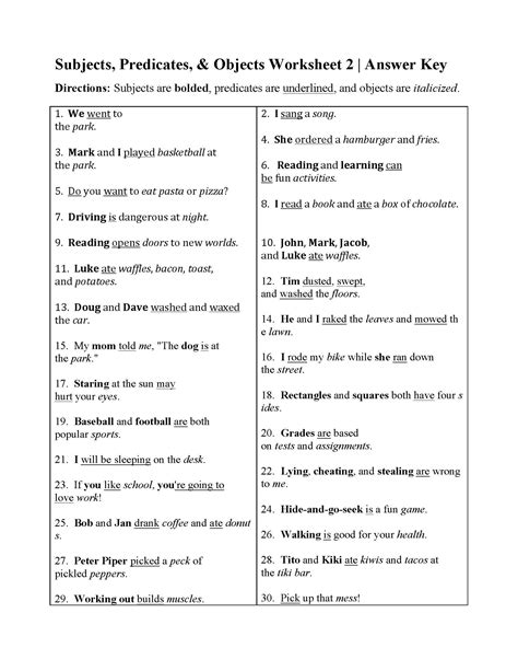 Subjects Predicates And Objects Worksheet 2 Answers Db Excel