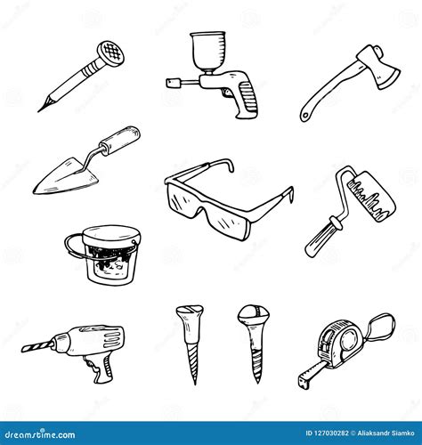 Hand Drawn A Set Of Tools For Repair And Construction Doodles S Stock