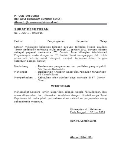 Detail Contoh Surat Pengangkatan Karyawan Tetap Perusahaan Swasta