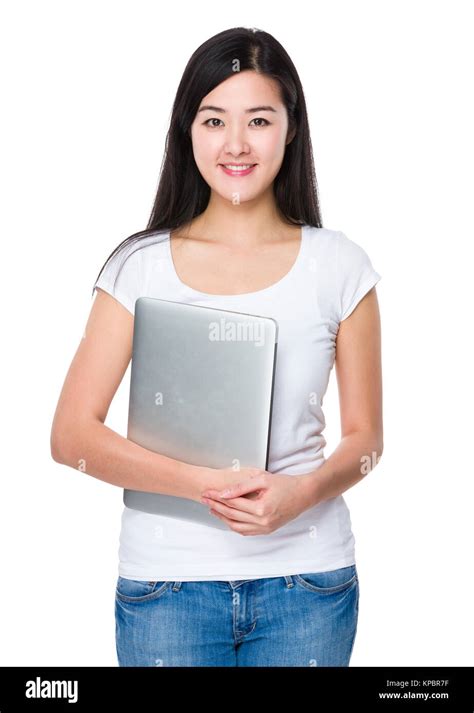 Asian Woman Hold With Laptop Computer Stock Photo Alamy