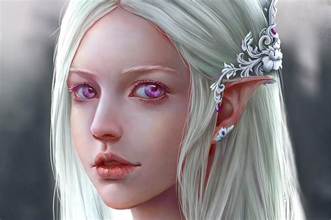 Free Download Hd Wallpaper Fantasy Elf Face Girl Pointed Ears Purple Eyes White Hair