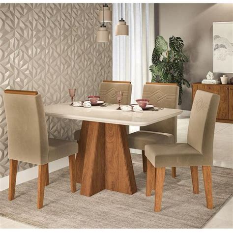 Conjunto Sala de Jantar Mesa Maitê 130cm 4 Cadeiras molduraTais