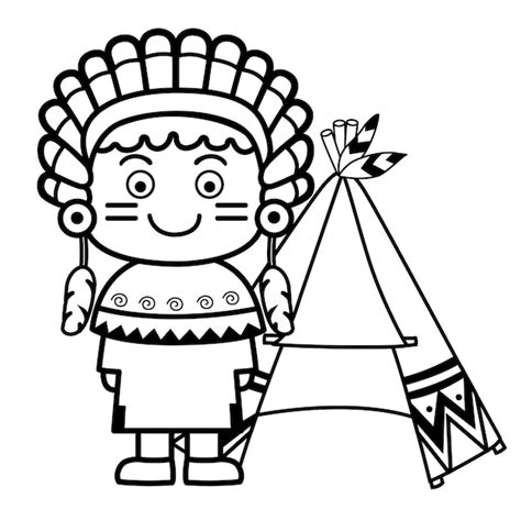 Ilustración de niños indios nativos en blanco y negro para colorear