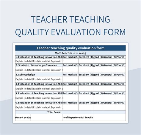 Teacher Teaching Quality Evaluation Form Excel Template And Google