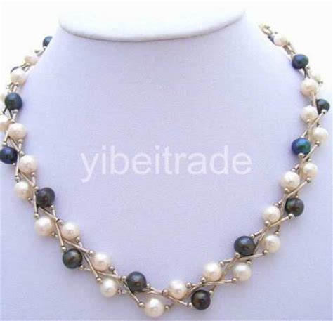 Row Mm Black White Cultured Freshwater Pearl Necklace Ebay