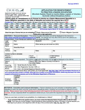 Fillable Online Dhhs Ne APPLICATION FOR REINSTATEMENT Nebraska Fax