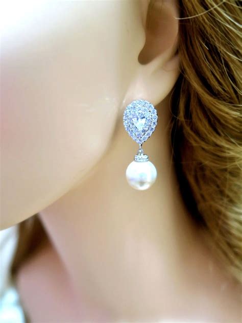 Bridal Pearl Earrings Wedding Jewelry Swarovski 12mm Pearl LUX Etsy