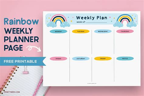 Free Cute Rainbow Weekly Planner Printable PrintyBird