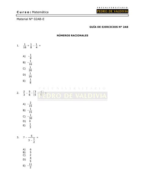5 Guía de Ejercicios Números Racionales GUÕA DE EJERCICIOS N 2AB N