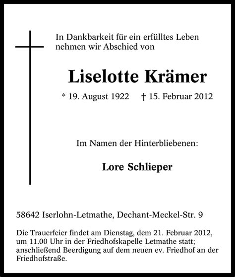 Traueranzeigen von Liselotte Krämer Trauer in NRW de