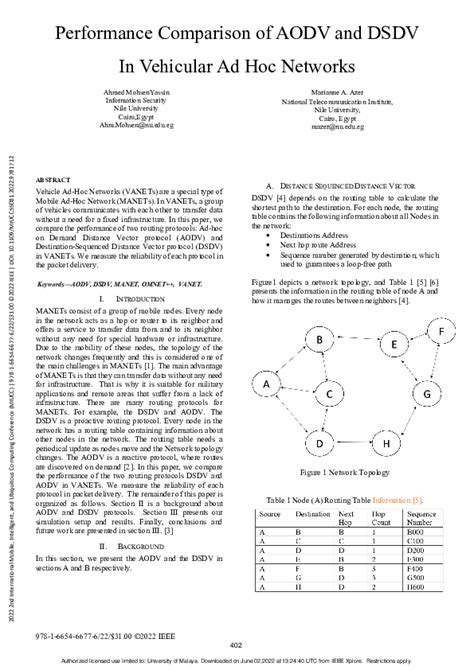 pdf performance comparison of aodv and dsdv in vehicular ad hoc networks marianne azer