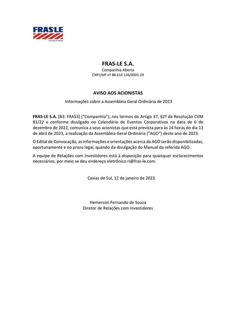 Aviso Aos Acionistas On Twitter FRAS LE S A