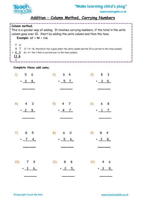 addition column method carrying numbers tmk education
