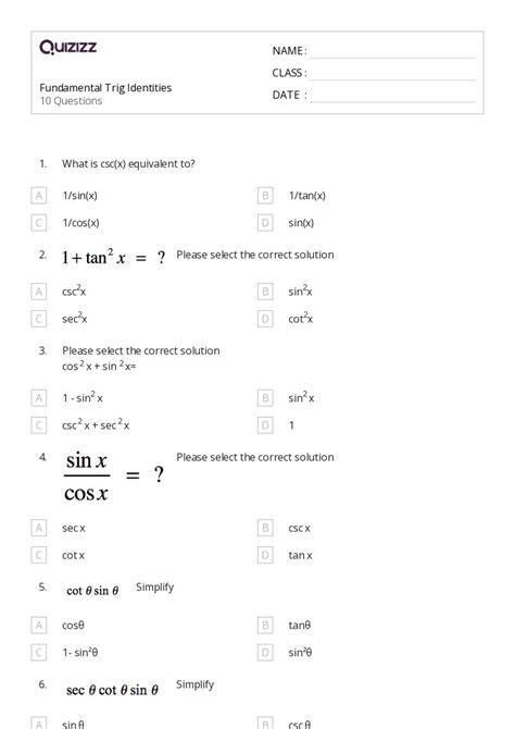 Trigonometric Ratios Sin Cos Tan Csc Sec And Cot Worksheets For Th