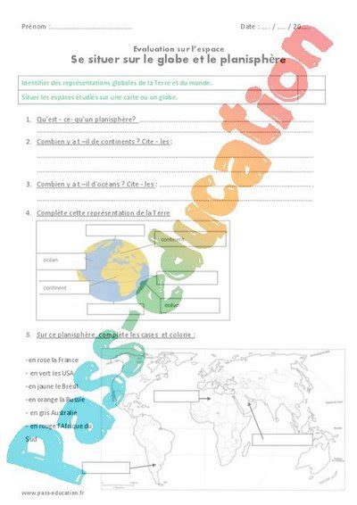 Se situer sur le globe et le planisphère Ce2 Evaluation par Pass