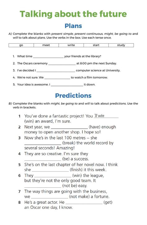 Talking About The Future Plans And Predictions Worksheet