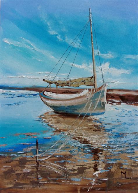 SEASHORE SHIP BOAT SAIL Original Painting Palette Knife GIFT