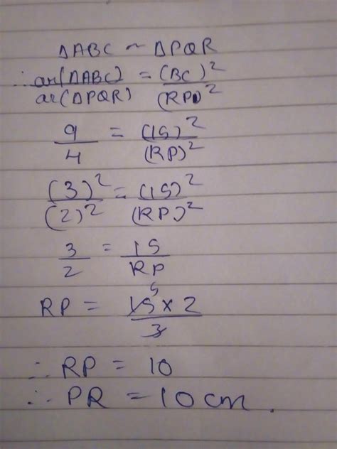 triangle abc similar to triangle pqr find the length of pq if area of triangle abc divided by