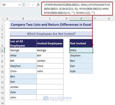 how to compare two lists and return differences in excel
