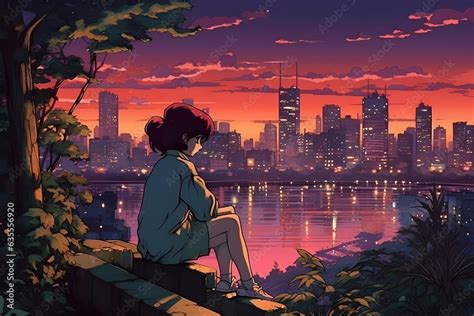 Cool Lofi Girl Sitting Outside Watching Night City Scene Beautiful