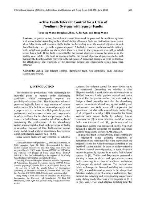 pdf active fault tolerant control for a class of nonlinear systems with sensor faults