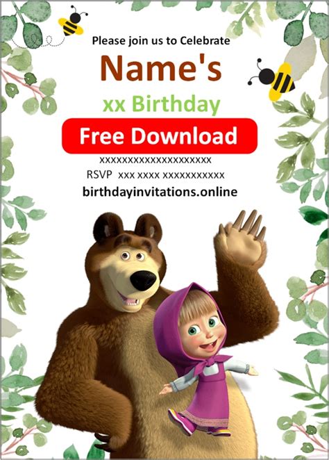 Editable Masha And The Bear Invitation With Photo Instant 59 OFF