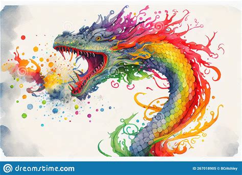 Colorful Rainbow Chinese Dragon Breathing Fire Watercolor Painting
