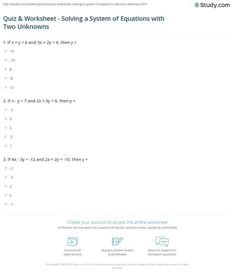 quiz and worksheet solving a system of equations with two unknowns