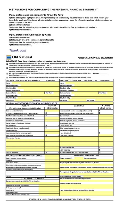 Printable Personal Financial Statement Excel