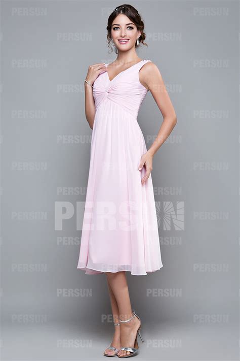Robe mi longue plissée col V en mousseline pour demoiselle d honneur