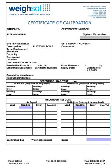 Example Accredited Calibration Certificate Weighing Scale Off