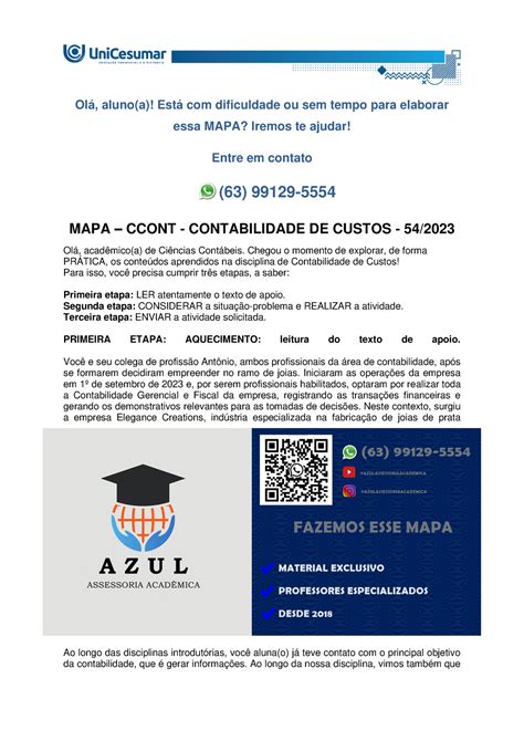 MAPA CCONT CONTABILIDADE DE CUSTOS 54 2023 Olá aluno a Está